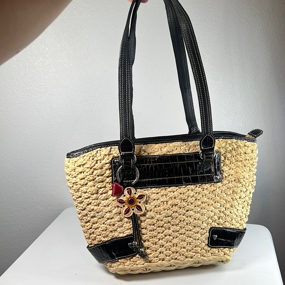 Brighton | Bags | Brighton Wicker Black Leather Tote Shoulder Purse ...
